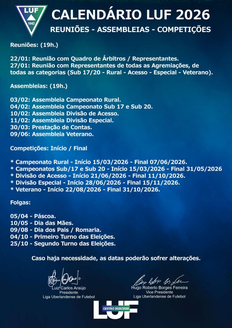 Calendário Geral LUF 2026 – LUF Amador